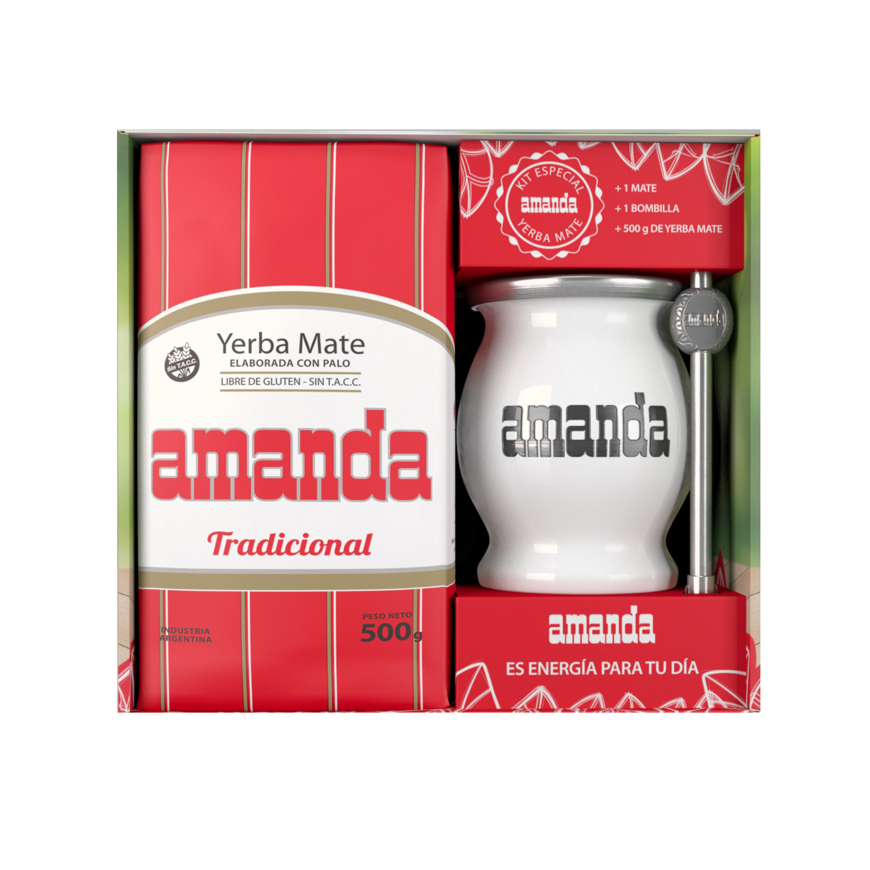 Pack Mate Acero + bombilla + Yerba mate 500g Amanda - Tienda Gaucha